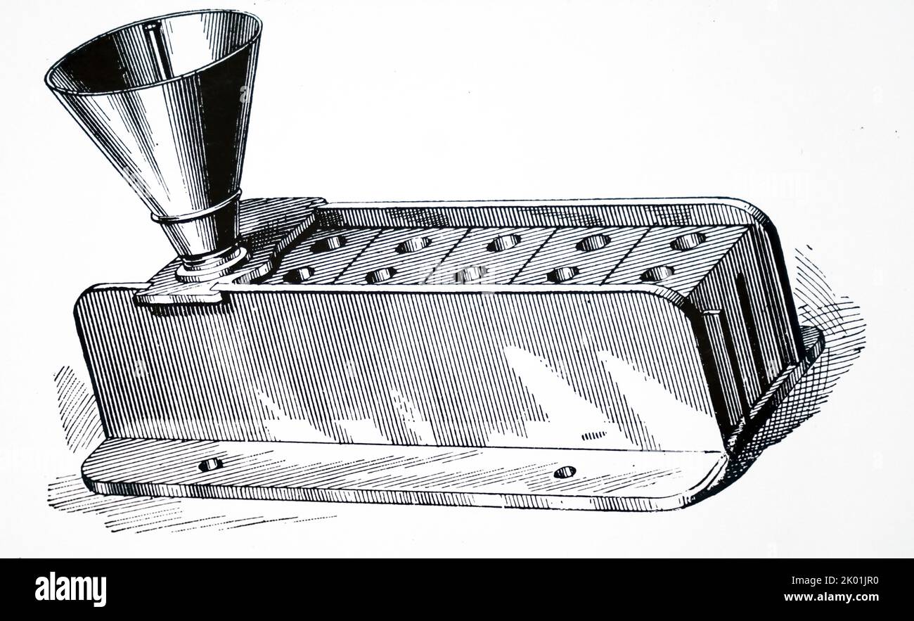 The Acme capsule filler. Capsules placed in holes in bed of gadget ...