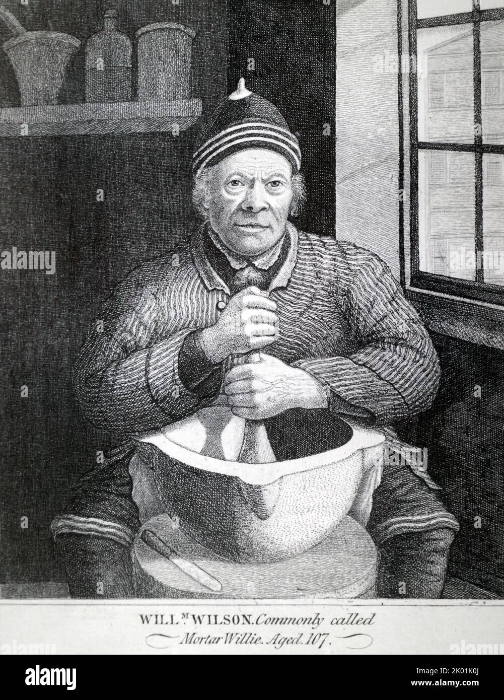 William Wilson using a pestel and mortar to prepare ingredients for ...