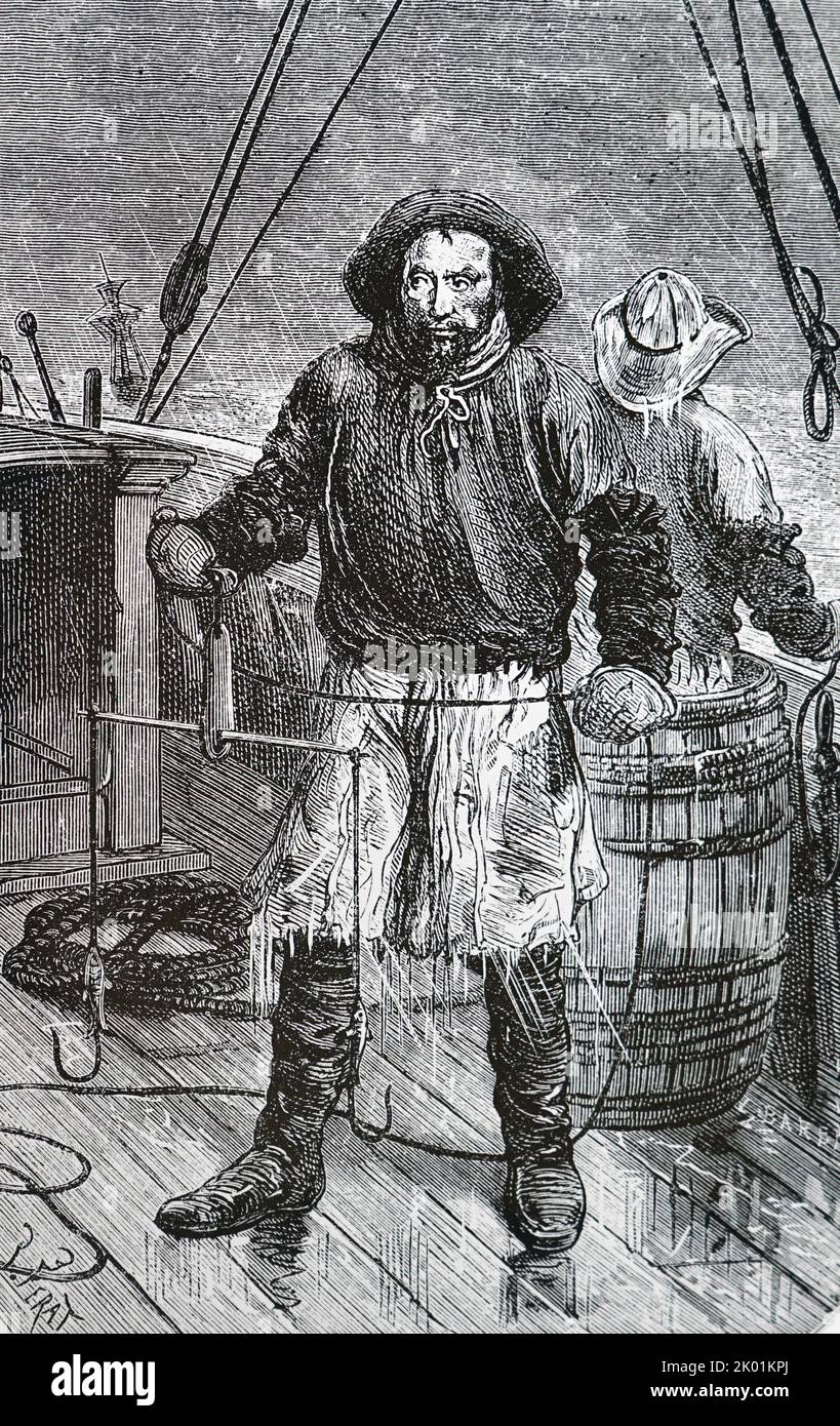 Cod fishermen with line and baited hooks ready to cast over the side of ...