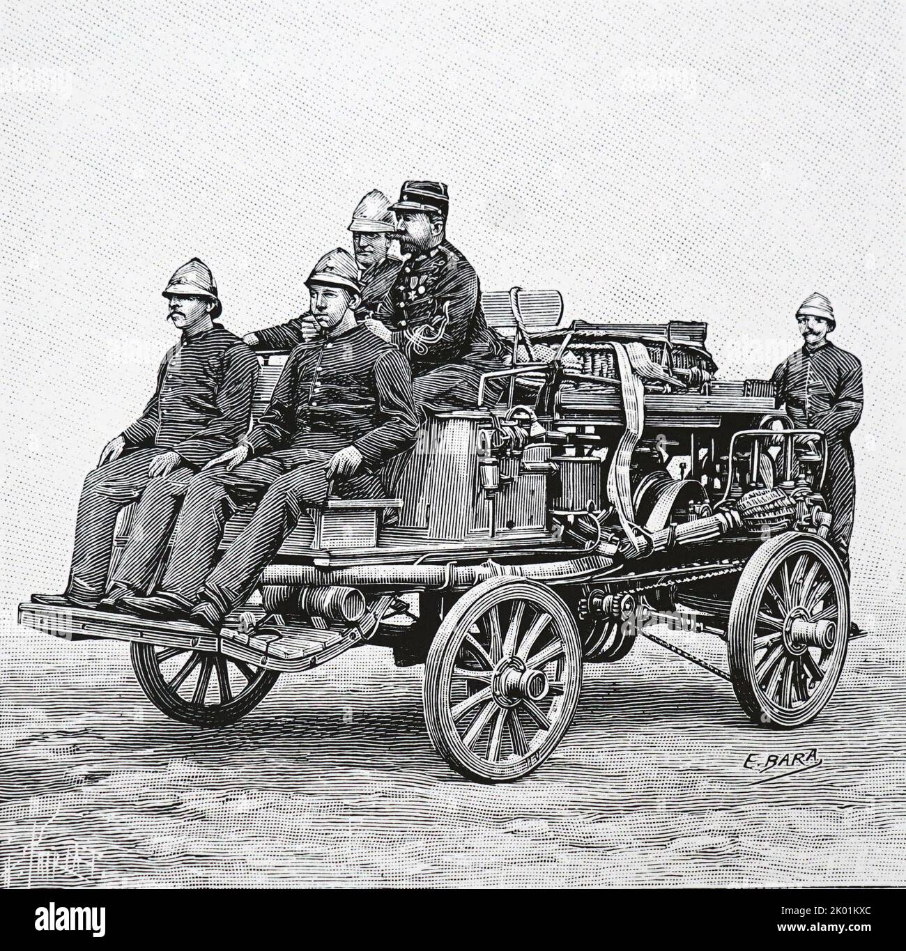 Firemen on their way to a fire on a petrol driven self-propelled fire ...