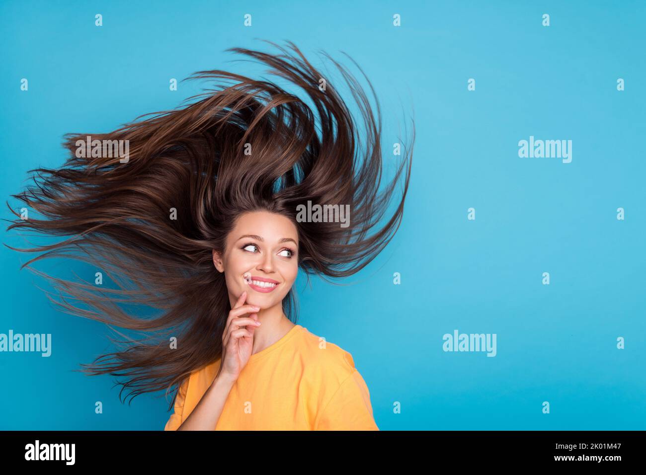 Photo of funky cunning girl dressed yellow t-shirt finger chin hair ...
