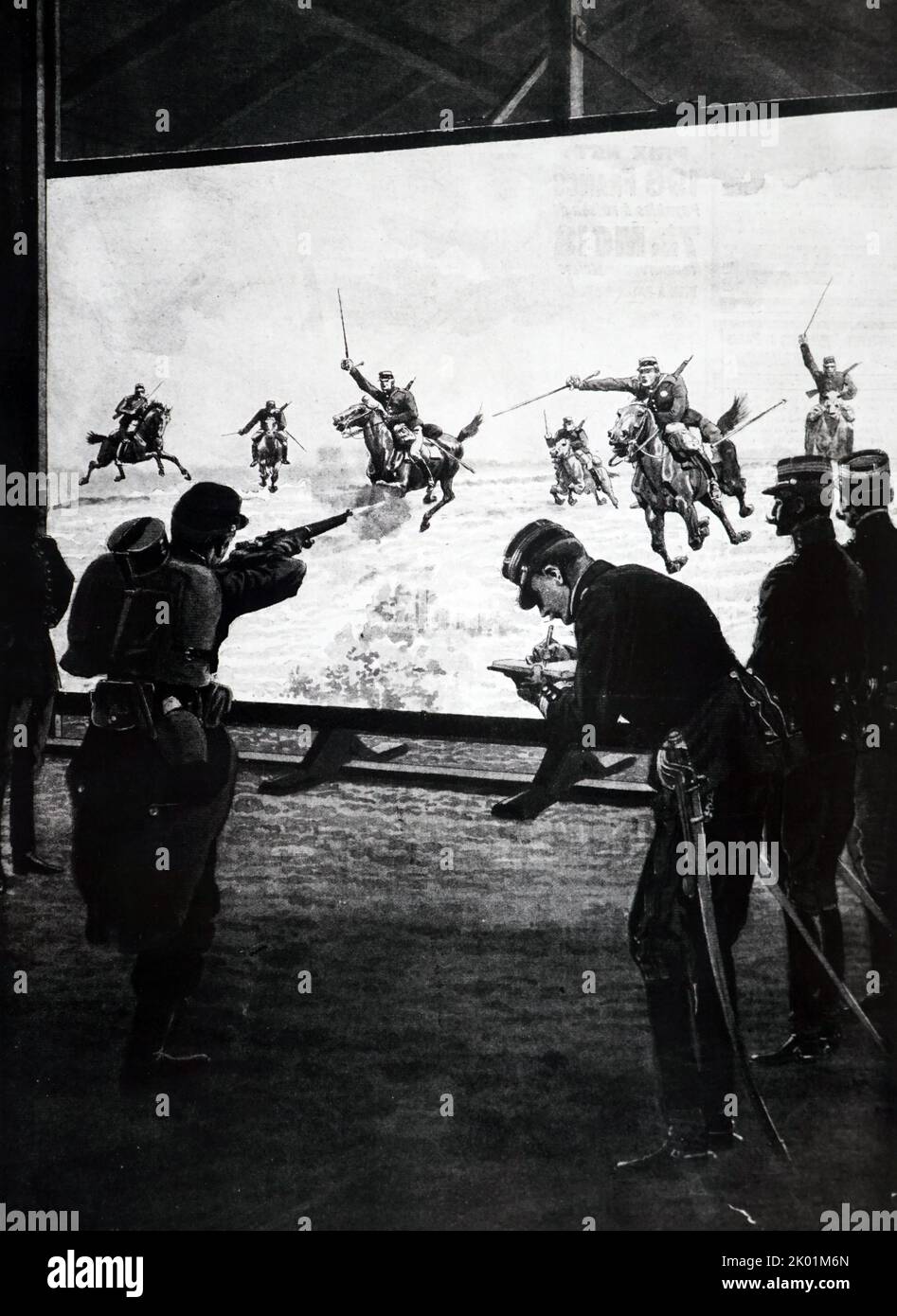 French soldiers using film of a cavalry charge for rifle practice Stock ...