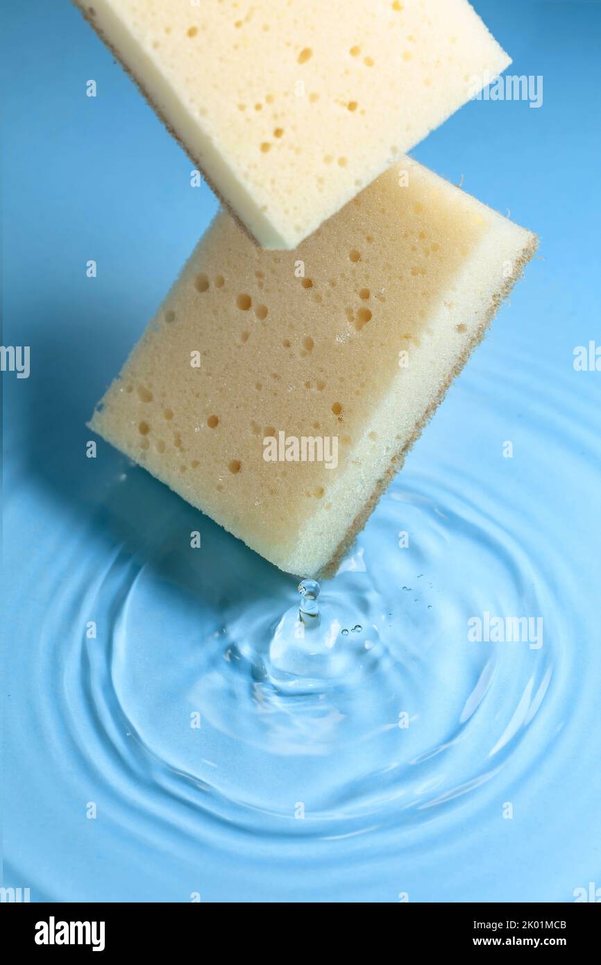 New and clean sponge falls into the water forming waves. Clean concept ...