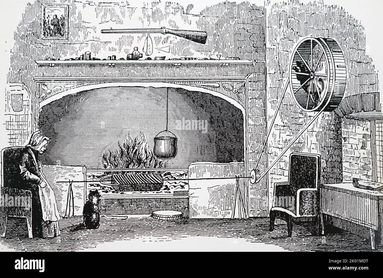 Cooking spit turned by dog shut in a tread-wheel Stock Photo - Alamy