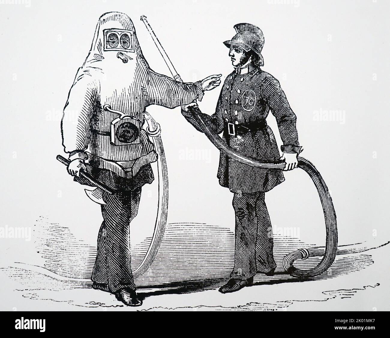 London fireman in standard uniform and one equipped with smoke-proof ...