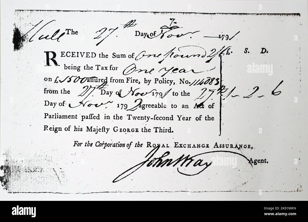 Receipt for premium for 1792 for a Royal Exchange Assurance fire policy ...