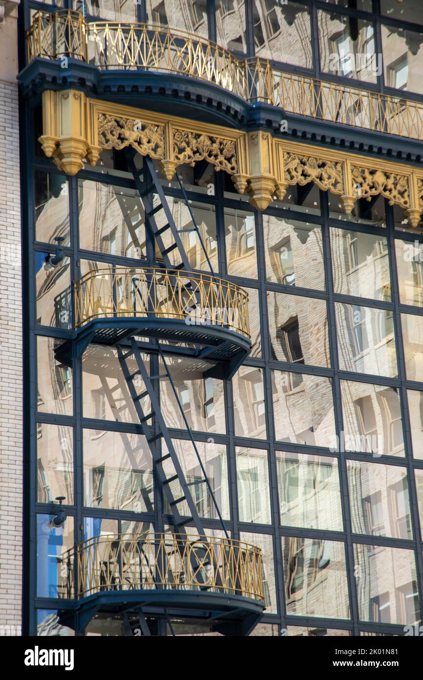 old historic fire ladder at a high rise building downtown San Francisco ...