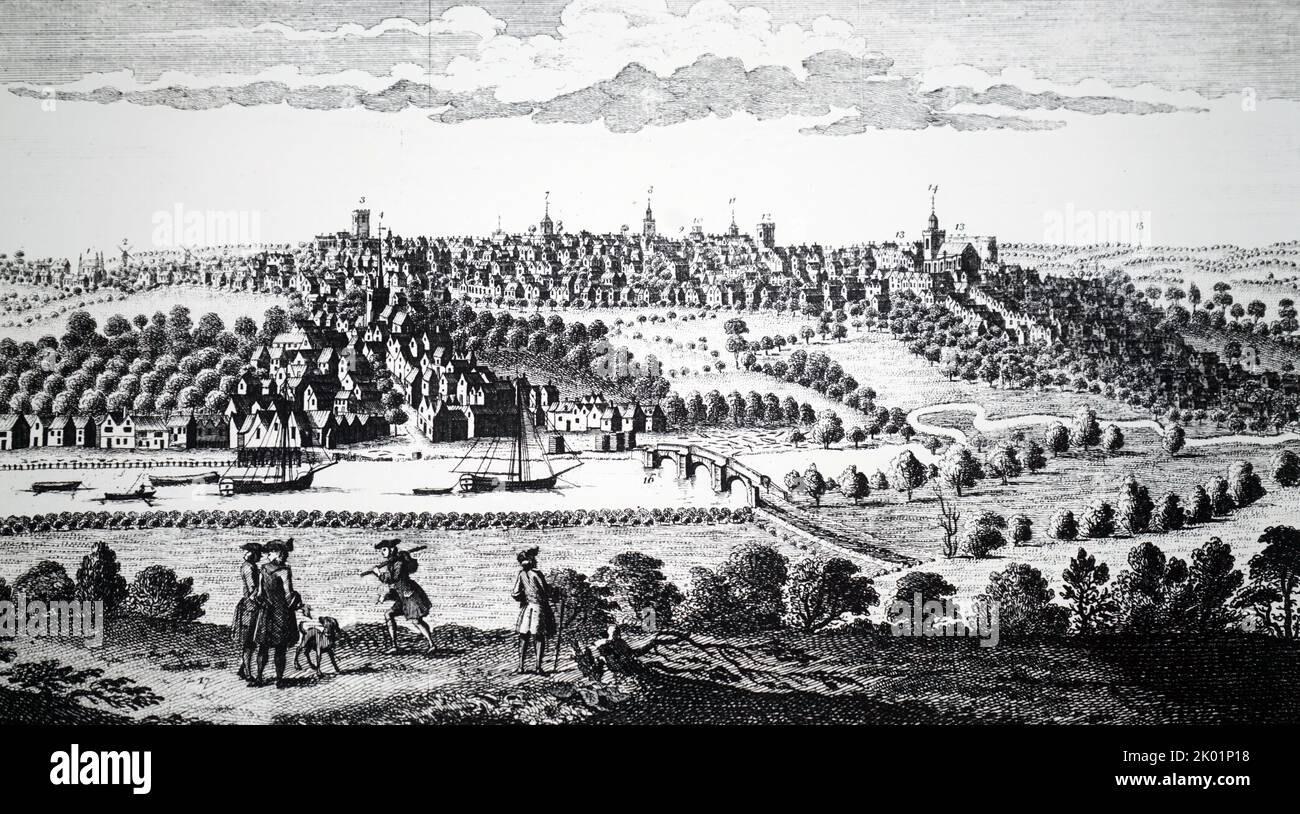 Colchester viewed from the Clinggoe Hill, showing unenclosed meadows by ...