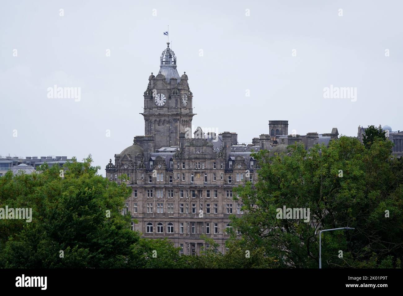 The Saltire flag is flown at half mast at the Balmoral Clock in ...