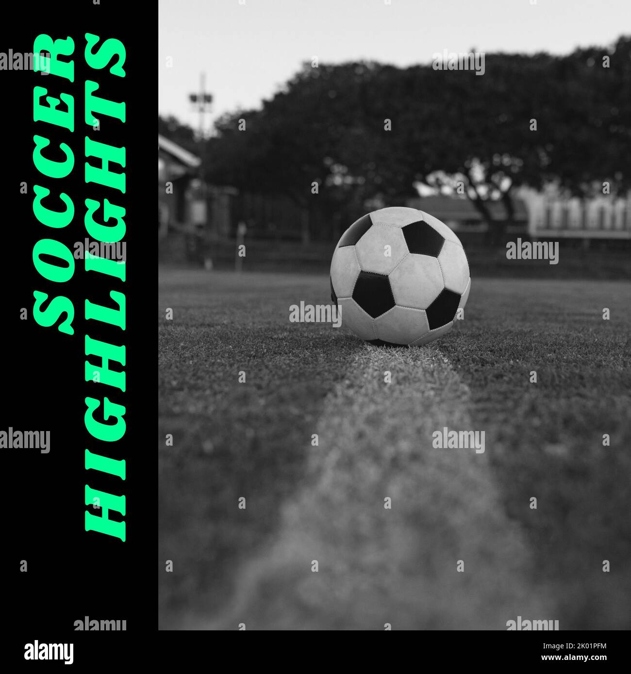 Composition of soccer highlights text over football on stadium Stock ...