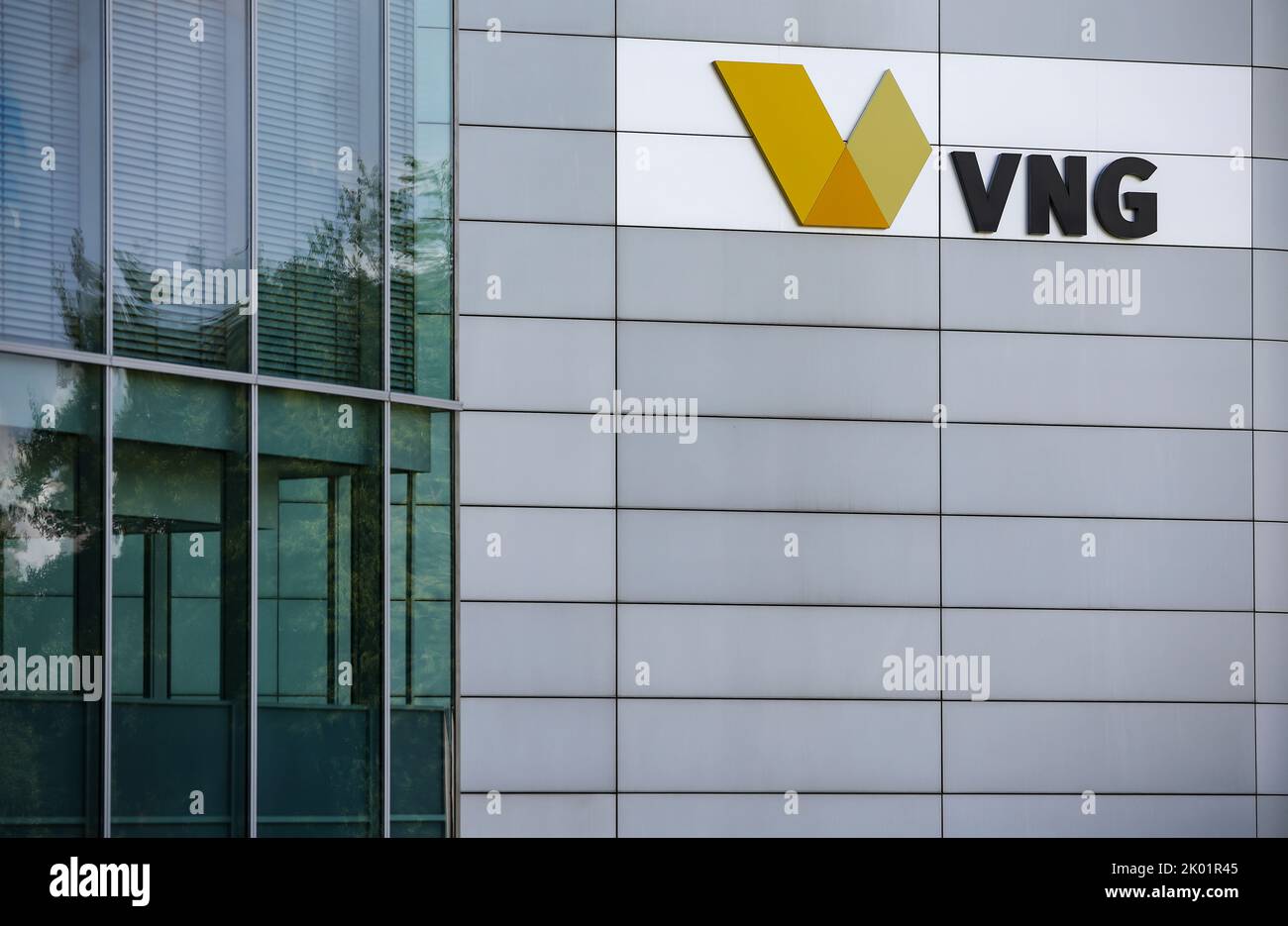 09 September 2022, Saxony, Leipzig: The VNG logo on the headquarters of ...