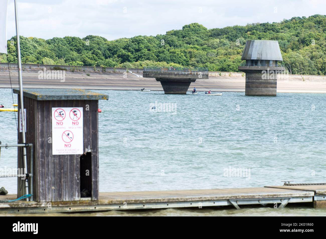 Bewl water Reservoir overflow plug seen high and visible during Summer ...