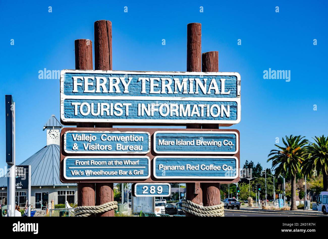 Tourist Information signs against a blue sky at Vallejo Ferry Terminal ...