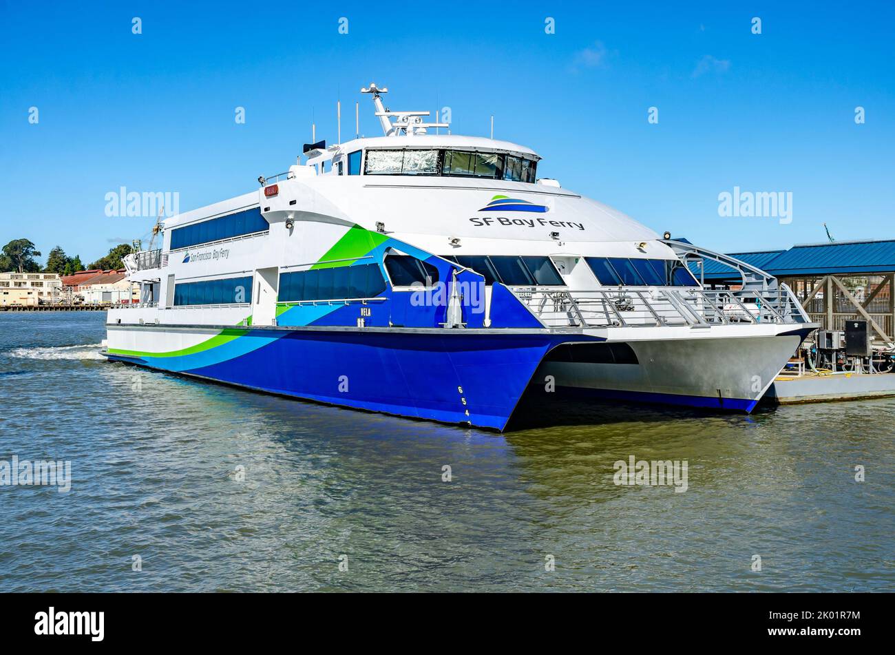 A San Francisco Bay Ferry docked in port at Vallejo Ferry Terminal in ...