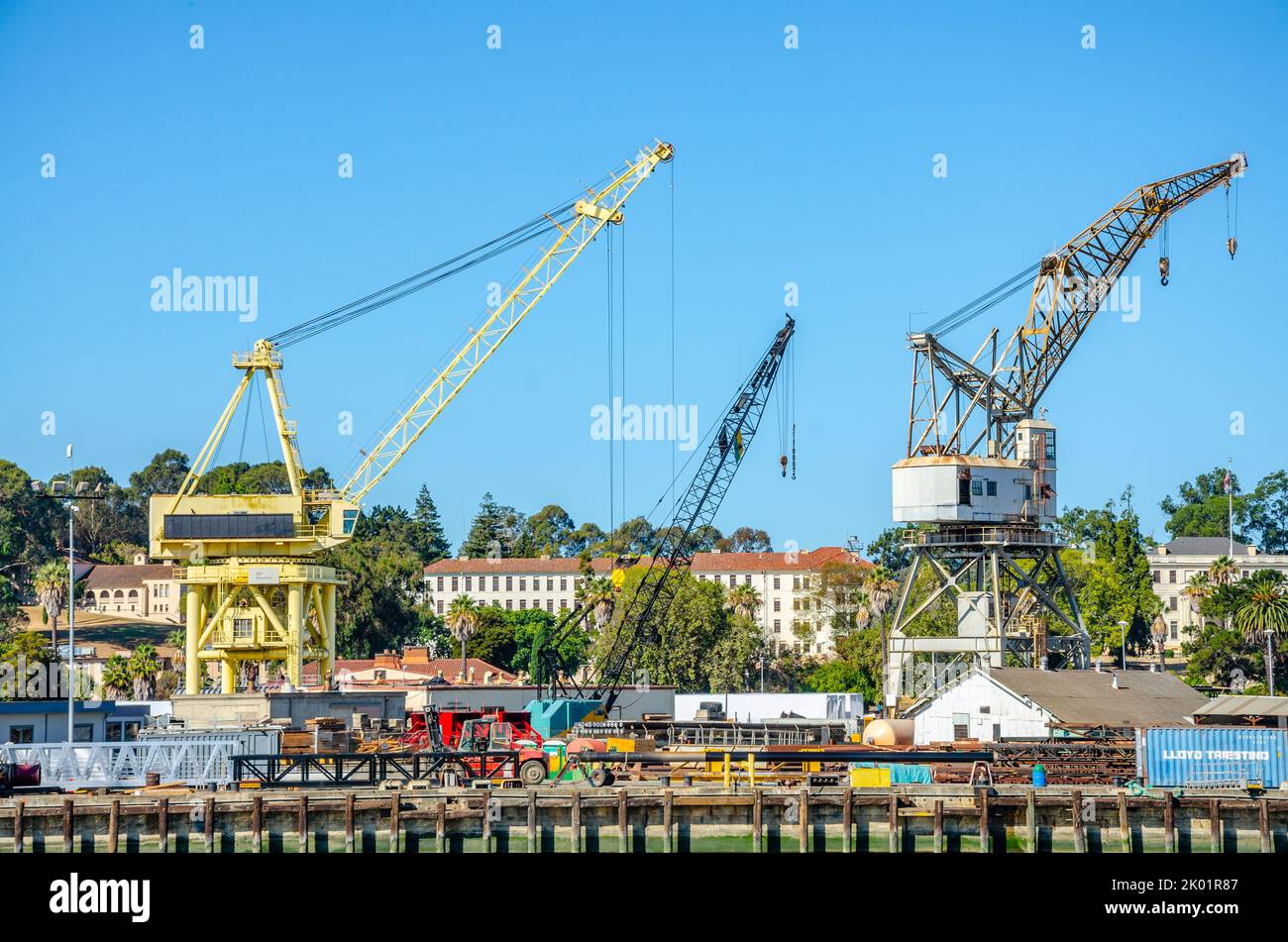 Cranes at docks at Mare Island across the Napa River from Vallejo in ...