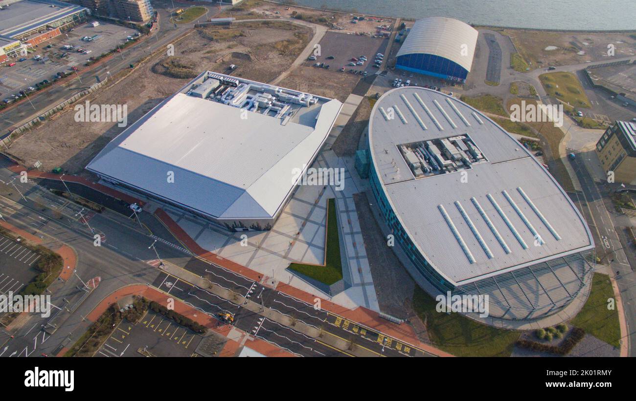 Aerial views of Cardiff Bay including The Vindico Arena, Cardiff ...