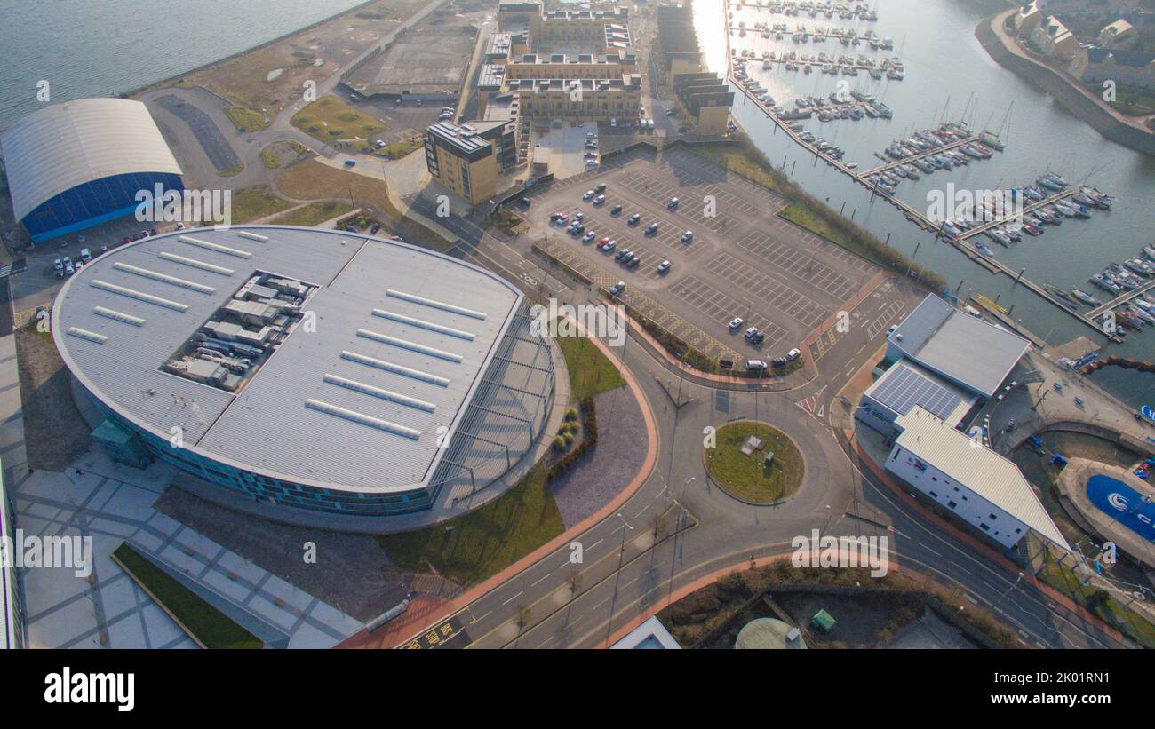 Aerial views of Cardiff Bay including The Vindico Arena, Cardiff ...