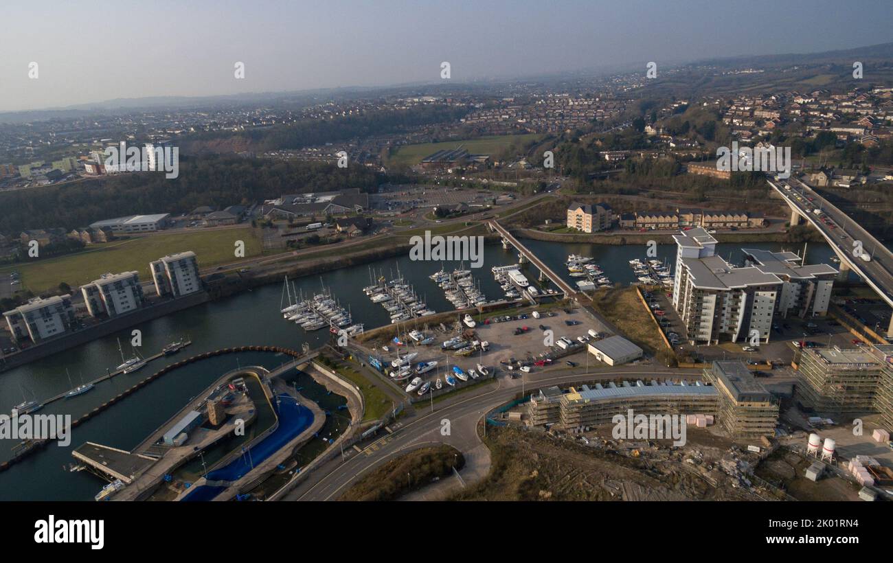 Aerial views of Cardiff Bay including The Vindico Arena, Cardiff ...