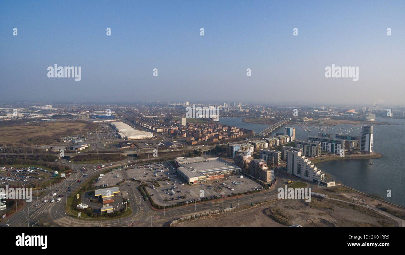 Aerial views of Cardiff Bay including The Vindico Arena, Cardiff ...