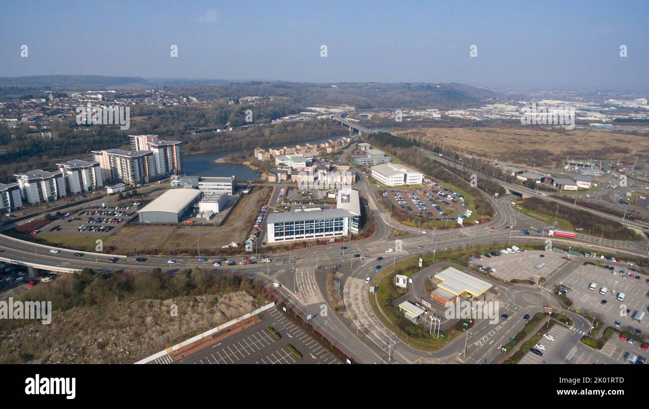 Aerial Rooftop views of Cardiff's Vindico Arena and Cardiff ...