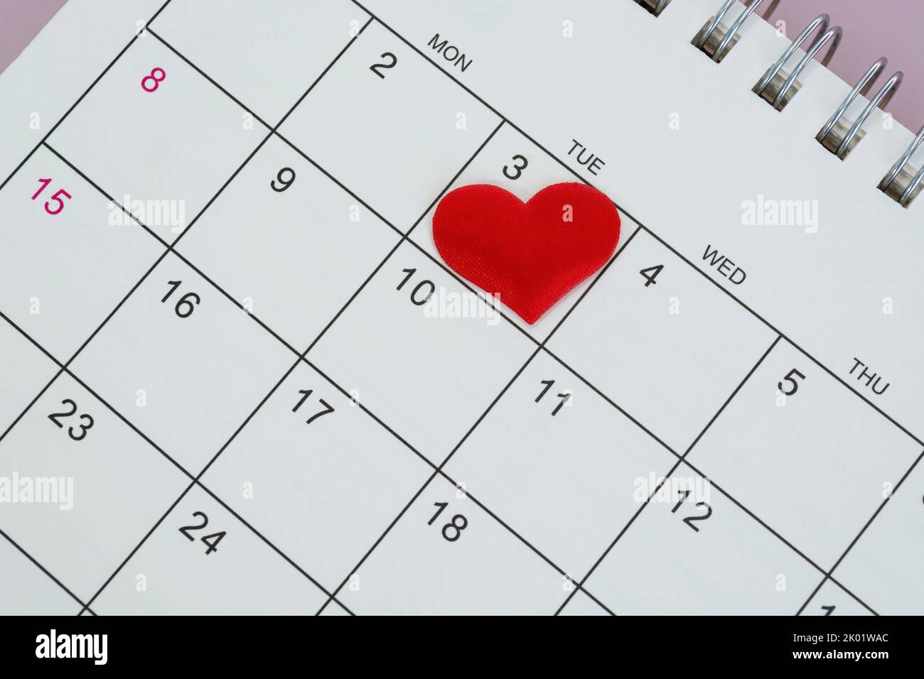 Red heart shape on the date of the 3rd day in the calendar Stock Photo ...