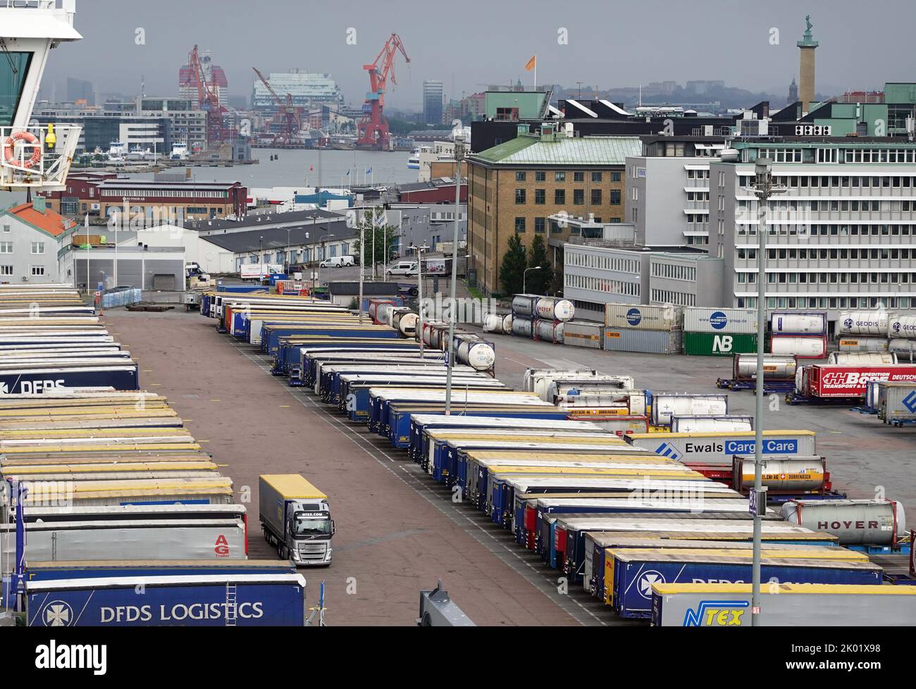 07 August 2022, Sweden, Göteborg: Truck trailers standing in a parking ...