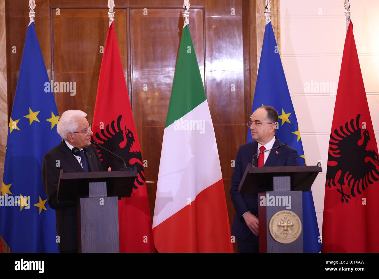 Tirana, Albania. 8th Sep, 2022. Albanian President Bajram Begaj (R) and ...