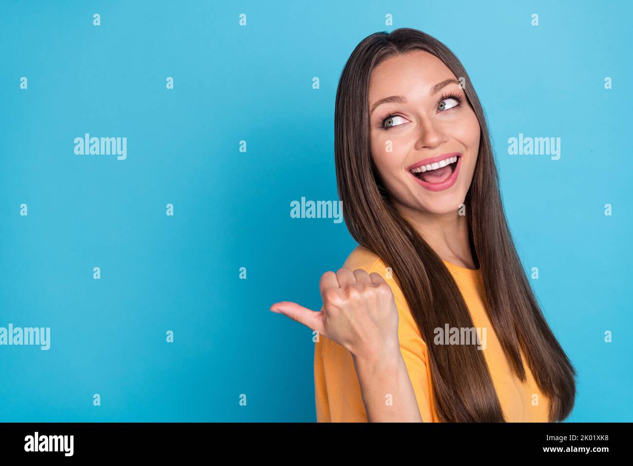 Portrait of gorgeous ecstatic girl with straight hairdo wear yellow t ...