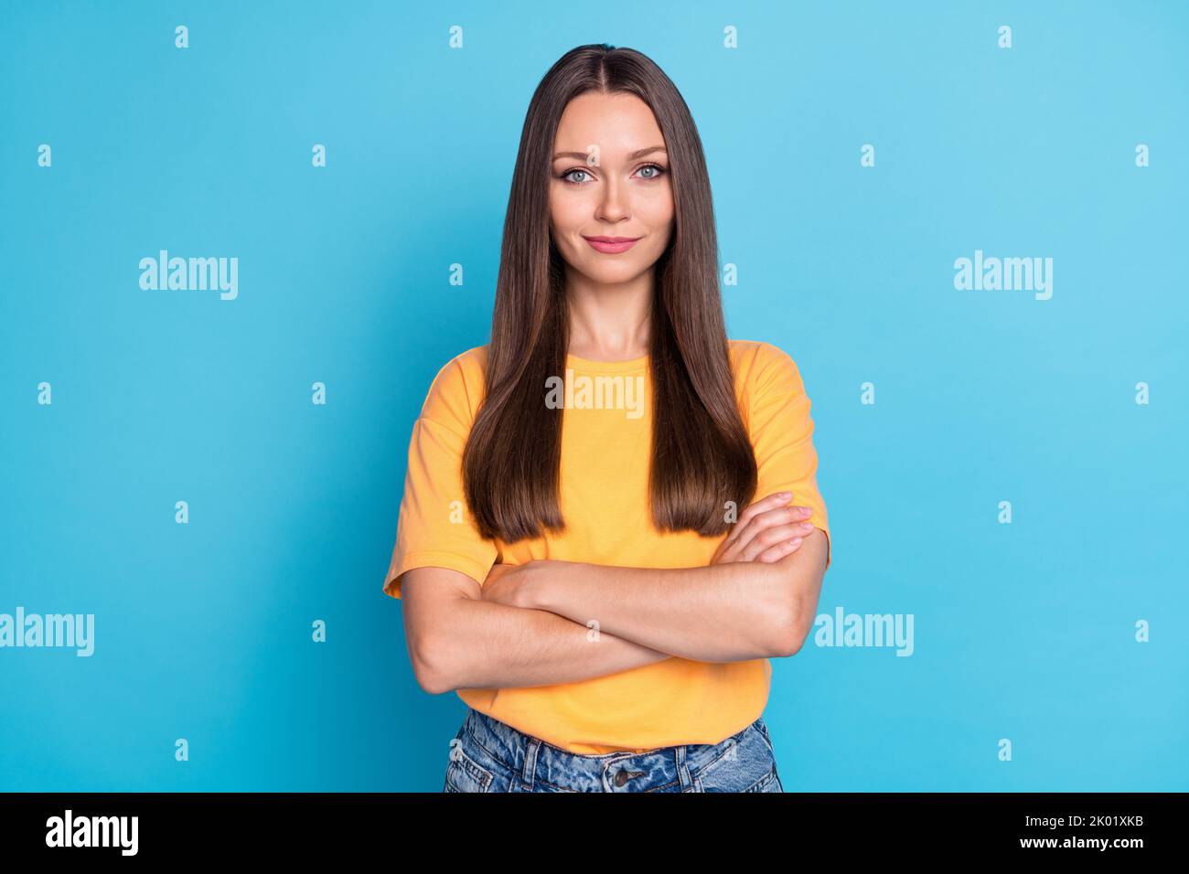 Photo of pretty calm serious arm crossed dressed orange trendy outfit ...