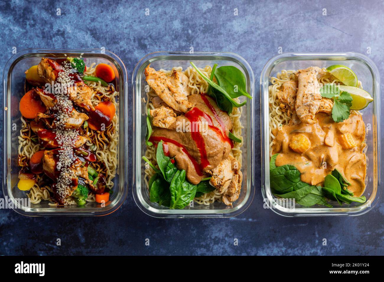 Top shot of a three meat dish with noodles in a glass bowl Stock Photo ...