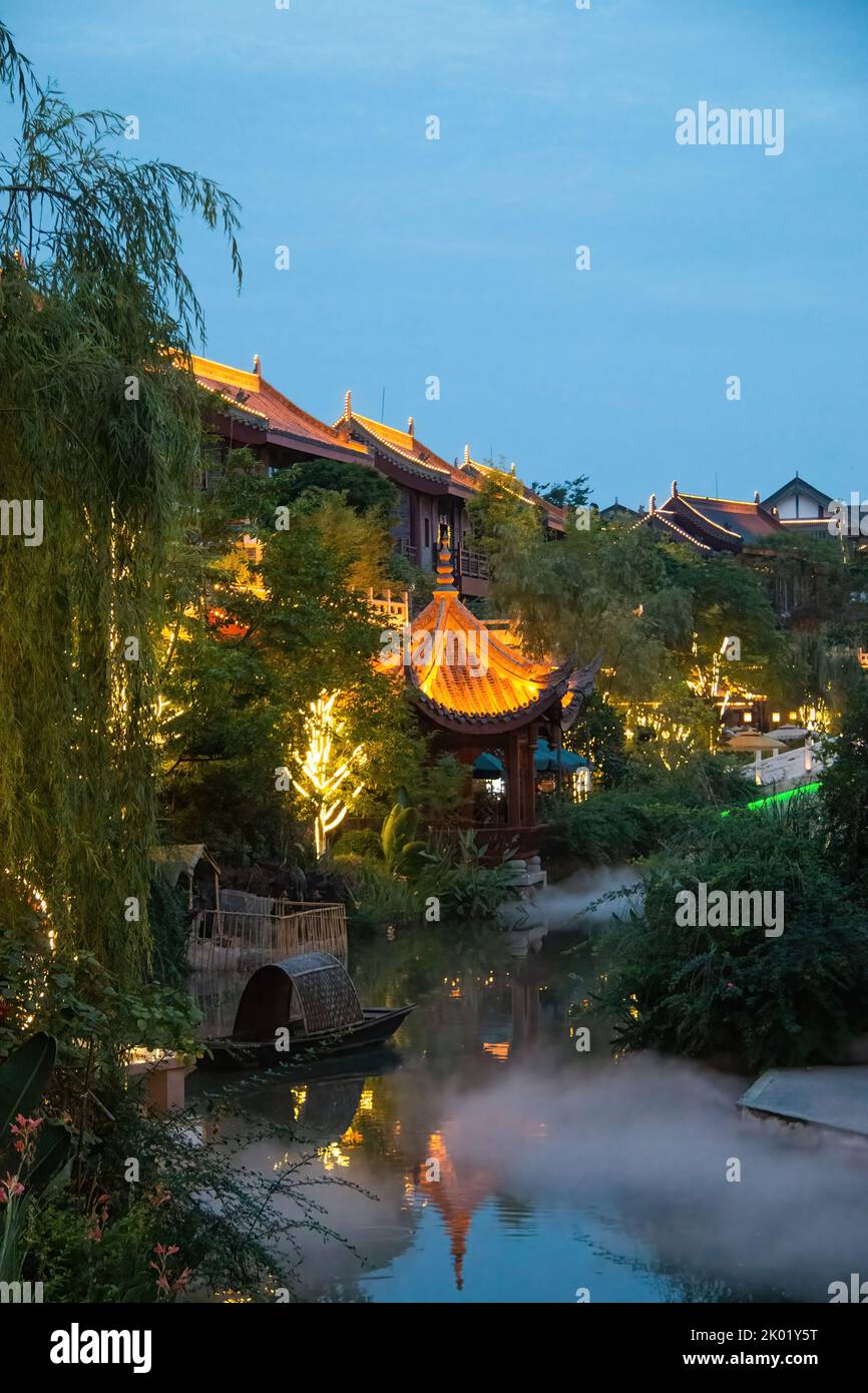 A vertical shot of a beautiful garden with traditional Chinese ...