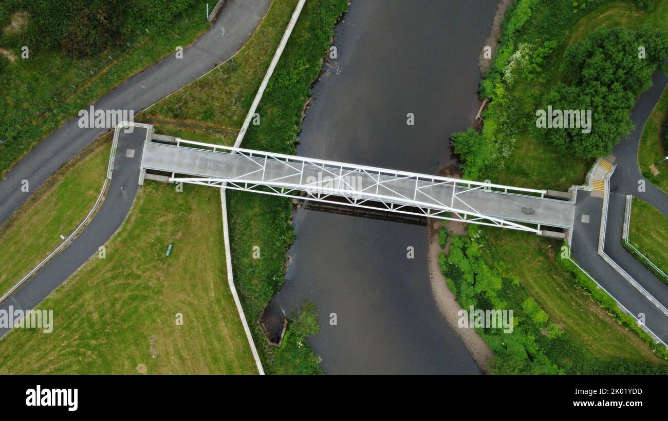 An aerial view of a bridge crossing a river in Omagh town in Northern ...