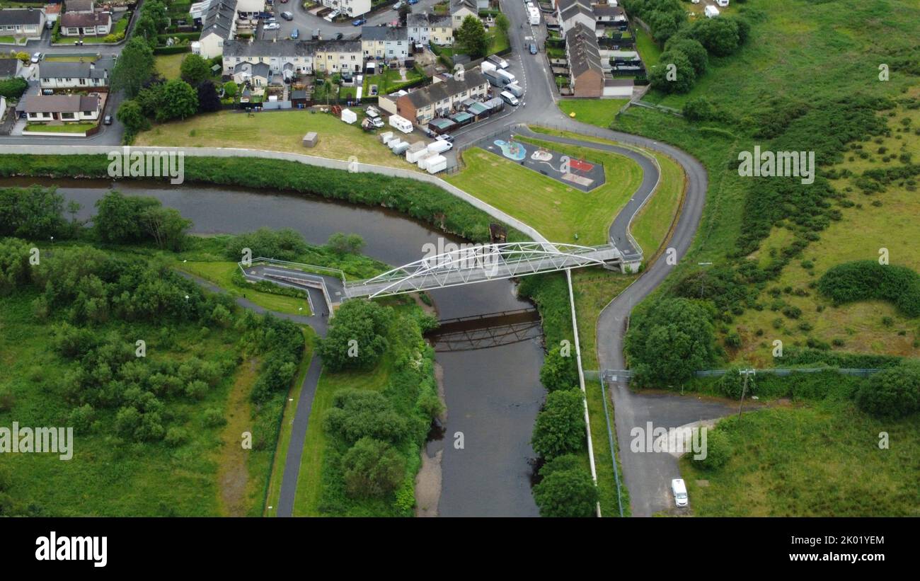 An aerial view of a bridge crossing a river in Omagh town in Northern ...