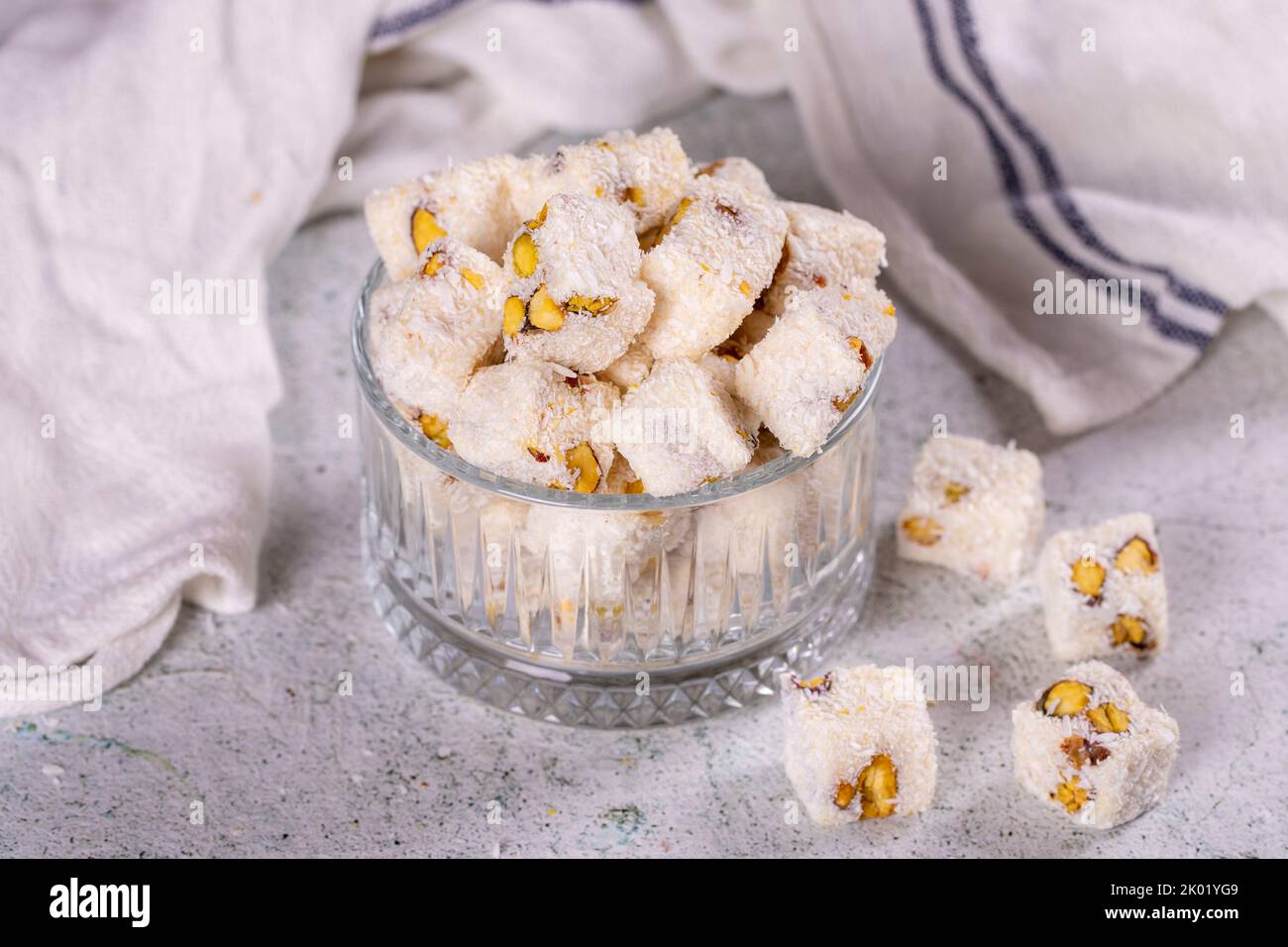 Turkish Delight with Coconut and Pistachio. Sweet Turkish delight on ...
