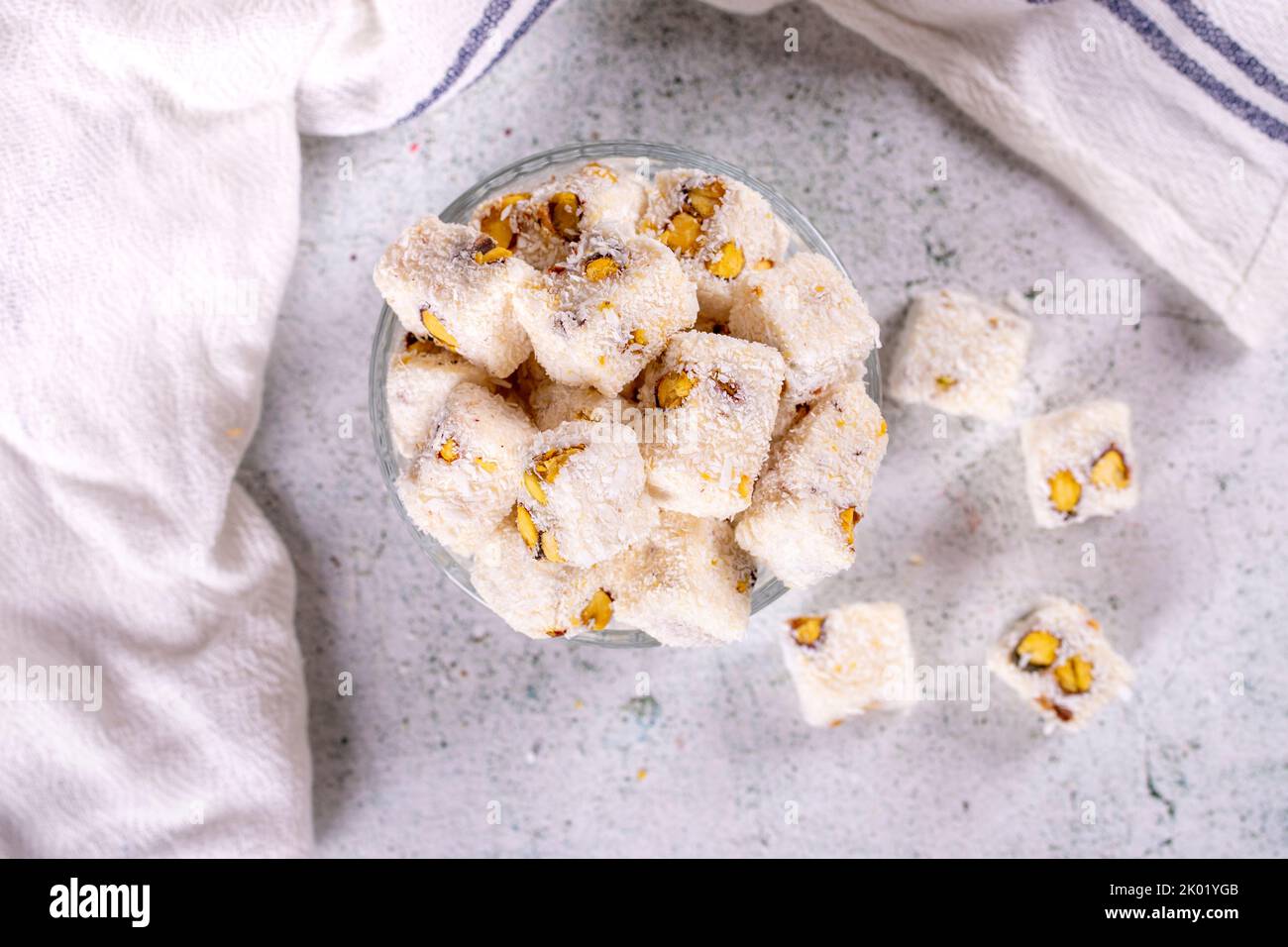 Turkish Delight with Coconut and Pistachio. Sweet Turkish delight on ...