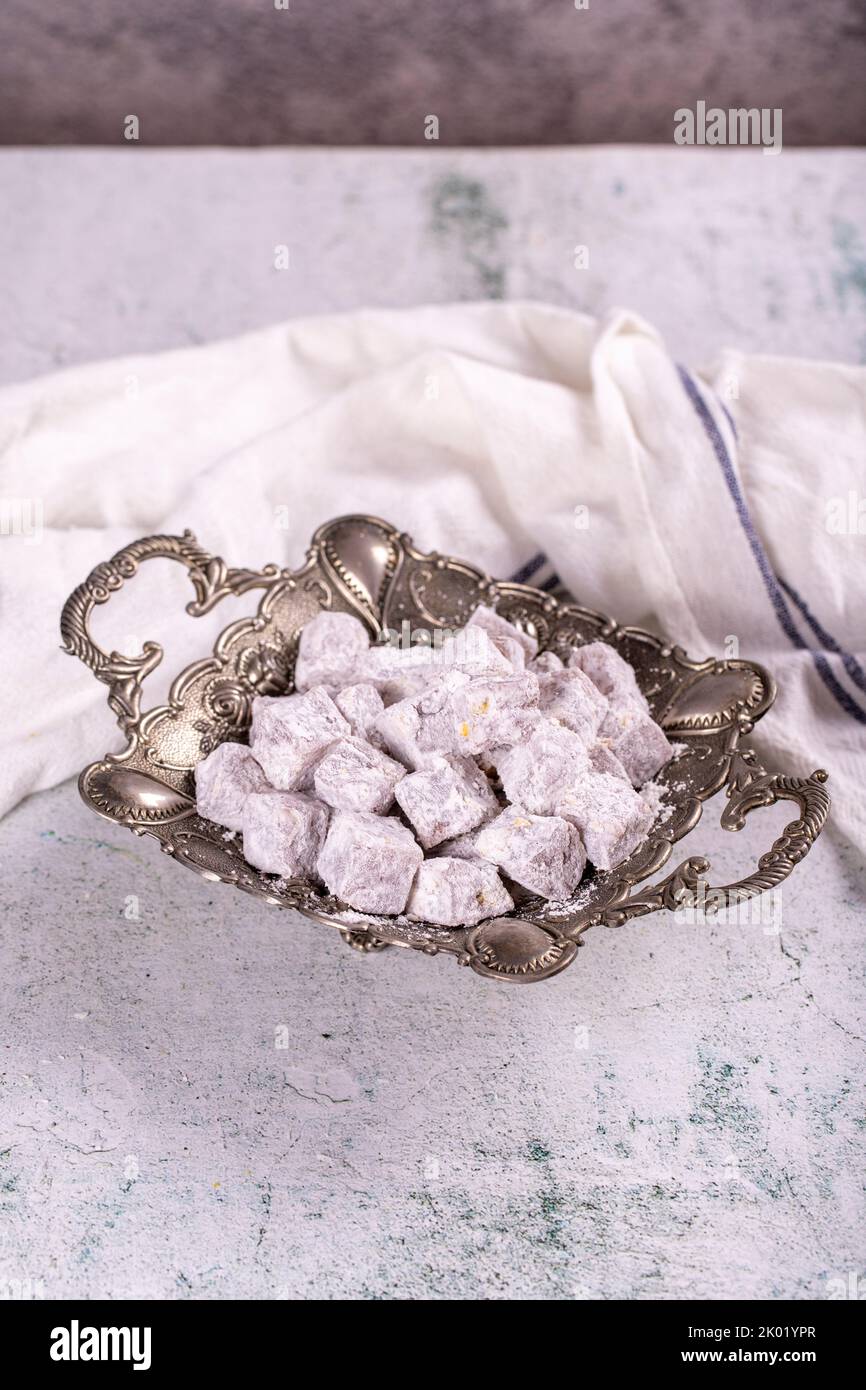 Turkish Delight with Pistachio. Double roasted turkish delight on gray ...