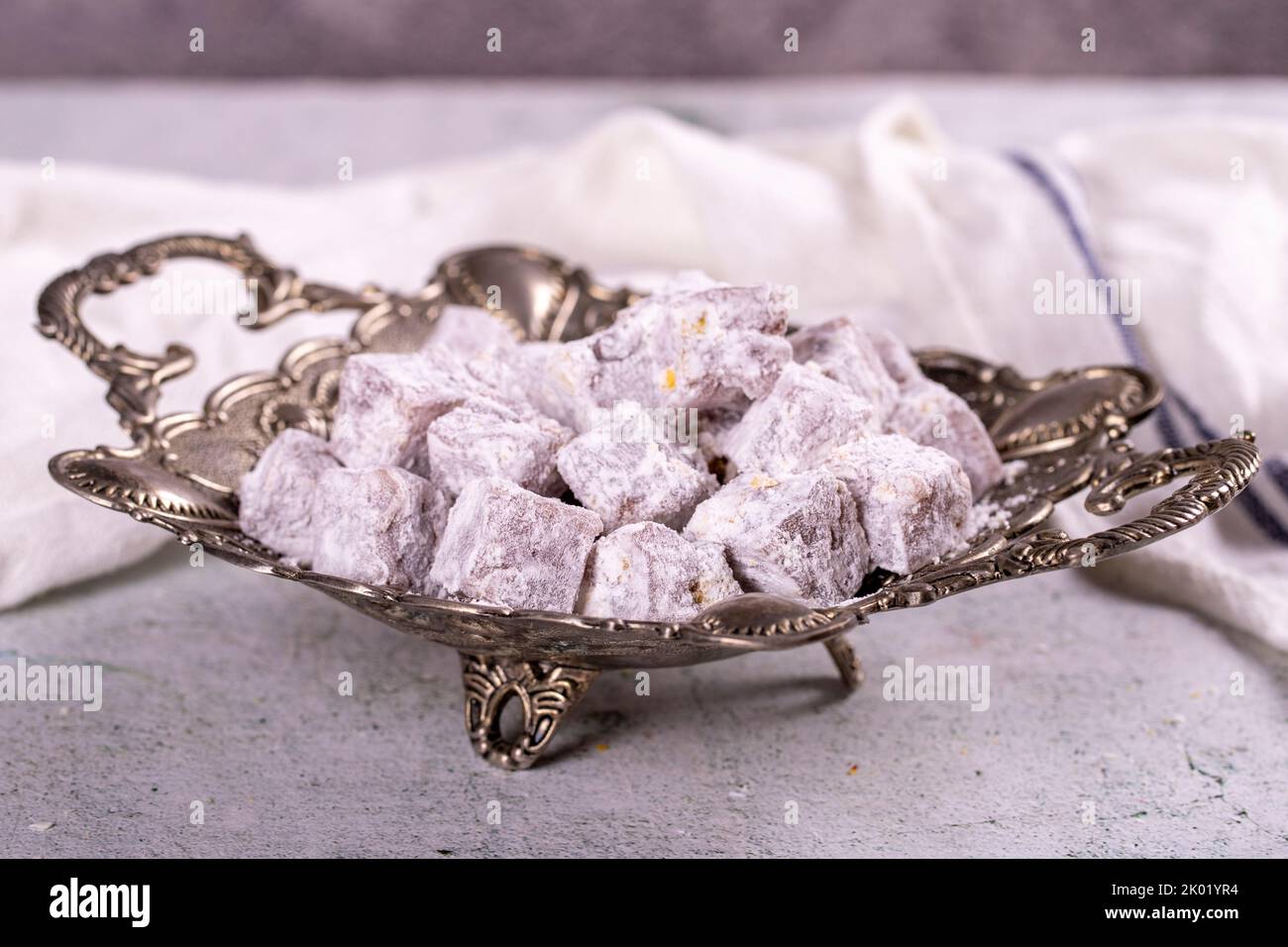 Turkish Delight with Pistachio. Double roasted turkish delight on gray ...