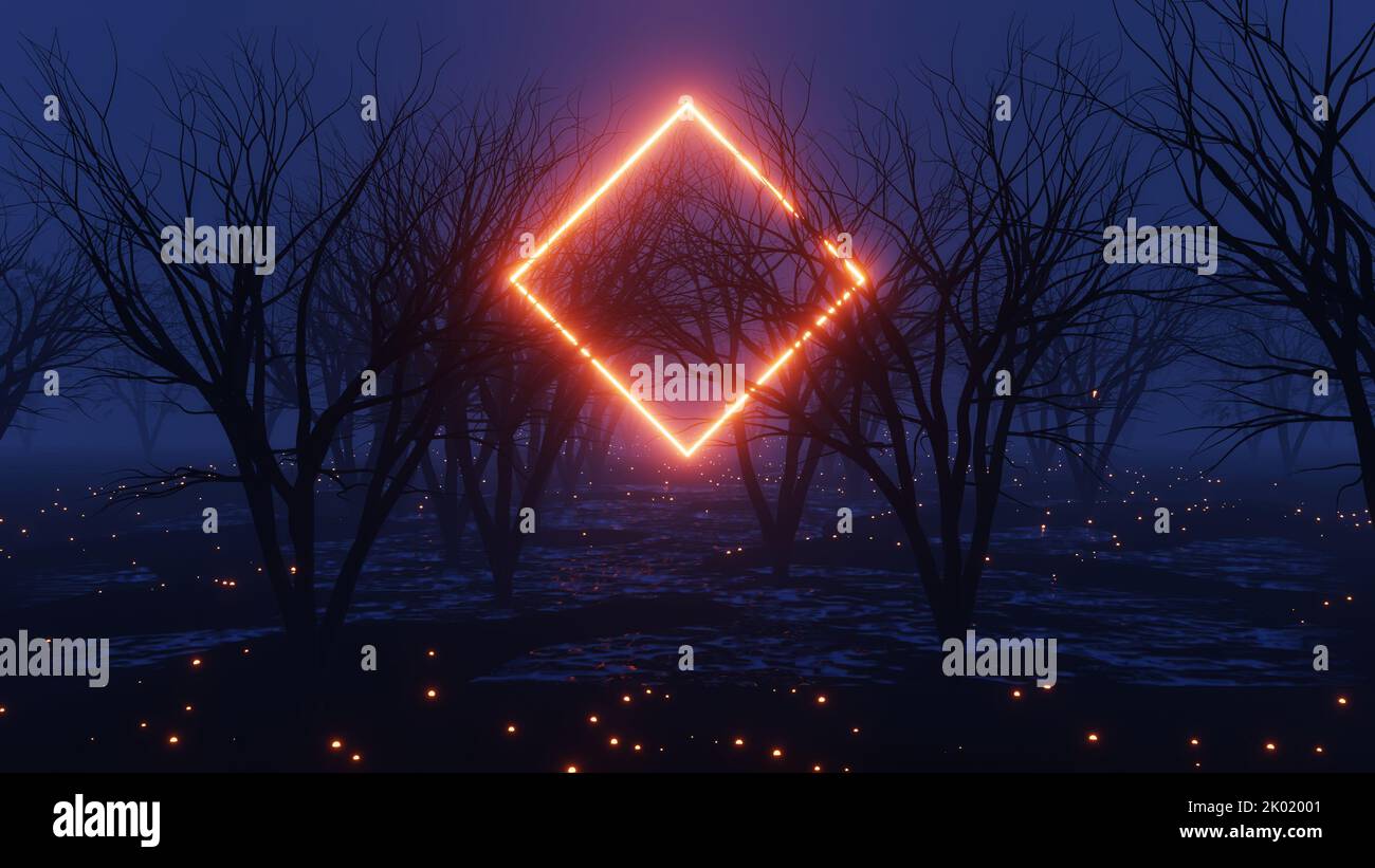 abstract mystical forest in the dark with fog and glowing objects, 3d ...