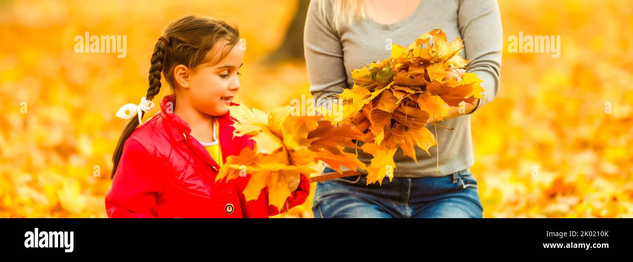 Happy parent and kid holding autumn yellow leaves outdoor Stock Photo ...