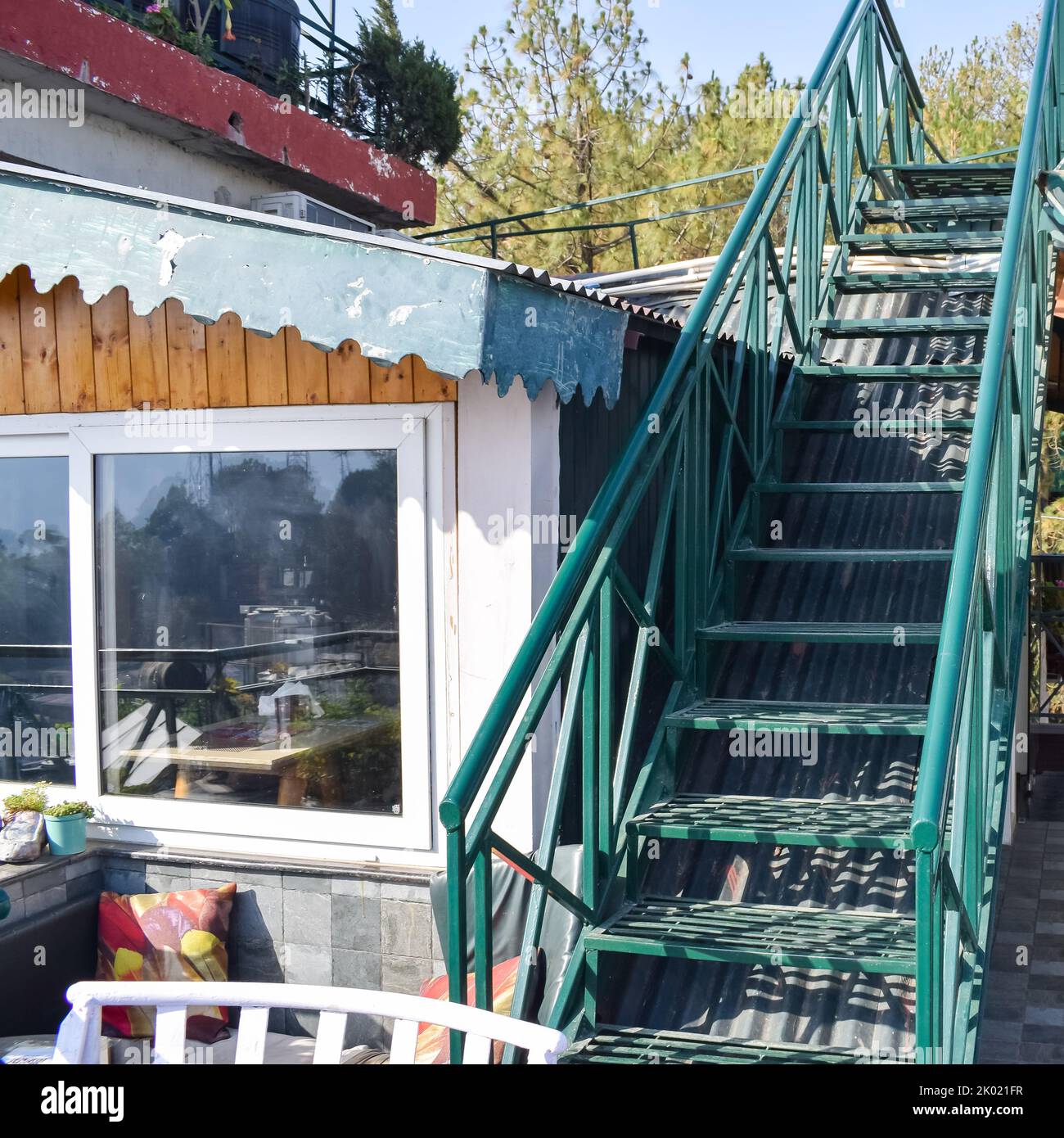 Early morning view of Modern rooftop restaurant at Kasauli, Himachal ...