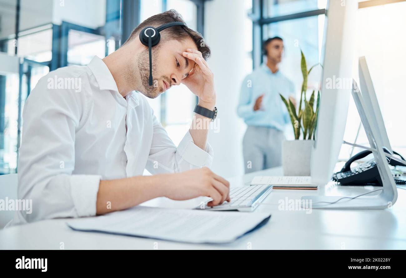 Stress, anxiety and tired customer service or call center agent working ...