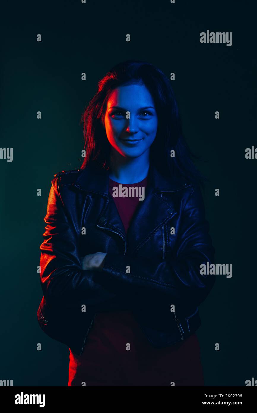 night female portrait neon light positive attitude Stock Photo - Alamy