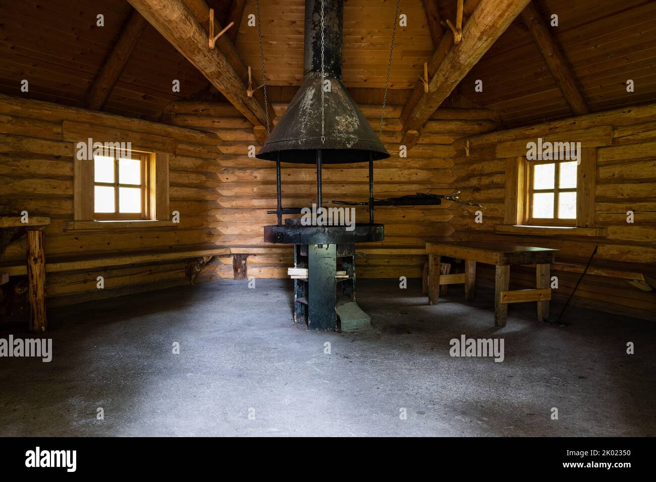 Sotkamo, Finland. September 3, 2022. Interior of a wooden Finnish Kota ...