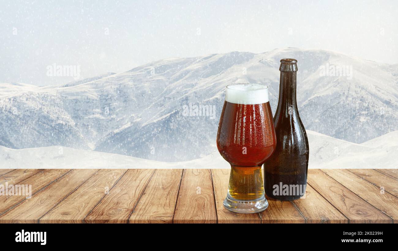 Poster with glass of cold foamy beer and bottle on wooden table over ...