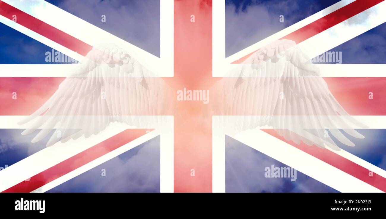 Queen elizabeth II. Union Jack flag with angel wings and heavenly ...