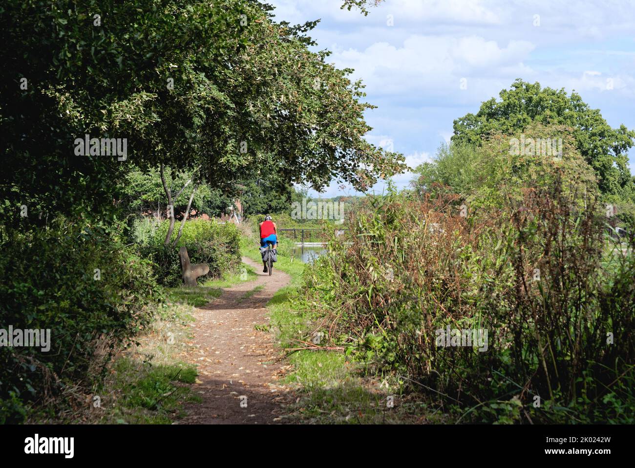 A cyclist in a red top riding on the towpath near Papercourt lock on ...
