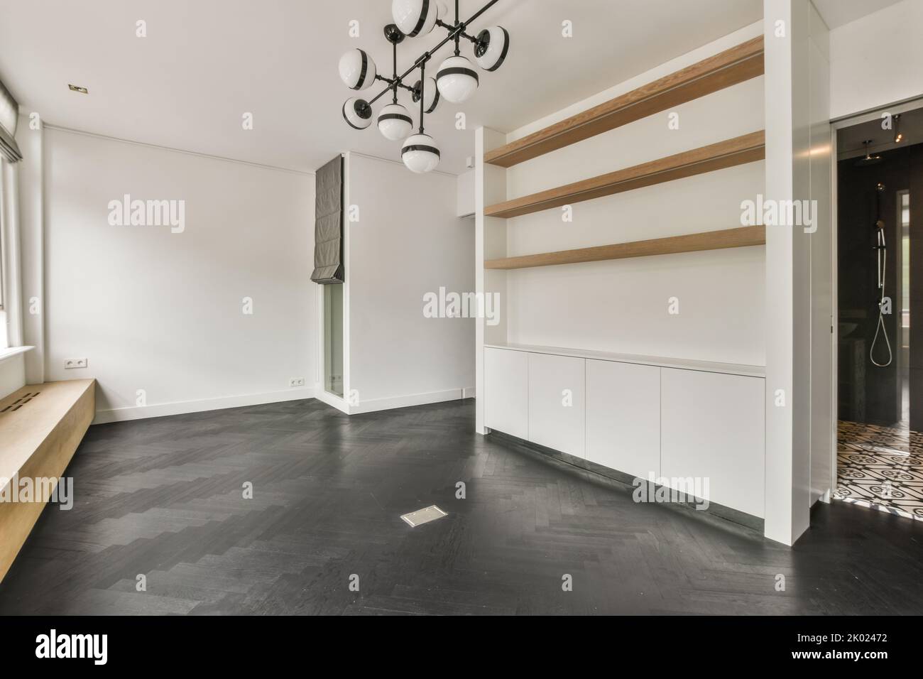 Interior of empty white living room with windows and shelf Stock Photo ...