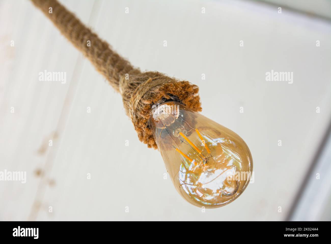 A vintage light bulb hangs from the ceiling on a rope. A beautiful ...