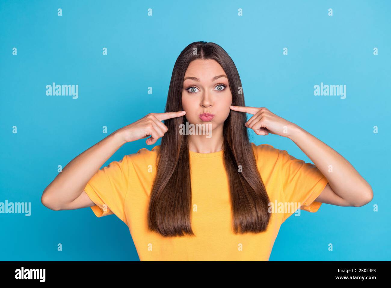 Photo of adorable good looking lady show point her lips cheeks botox ...