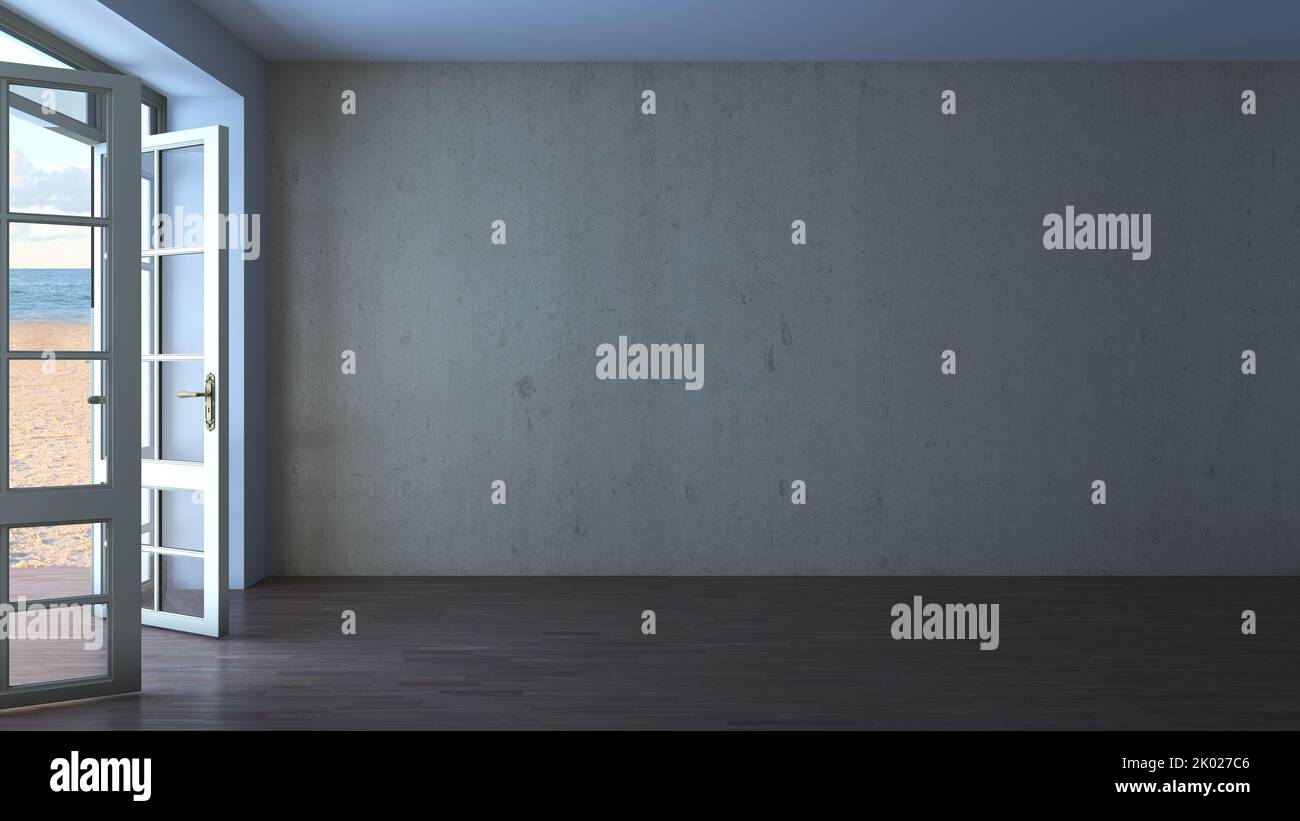 Unlit Hotel Room with Open Doors Overlooking the Beach, Yellow Sand and ...